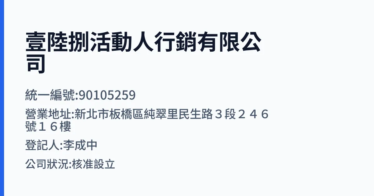 壹陸捌活動人行銷有限公司 - 統編 90105259(新北市) 公司登記資料與營業項目詳細圖表