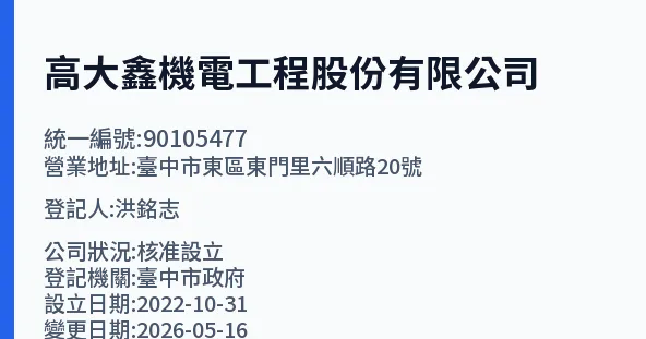 高大鑫機電工程股份有限公司的照片-統編 90105477(臺中市) 公司登記資料與營業項目詳細圖表