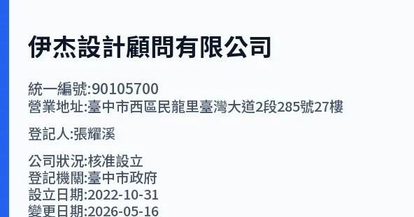 伊杰設計顧問有限公司的照片-統編 90105700(臺中市) 公司登記資料與營業項目詳細圖表