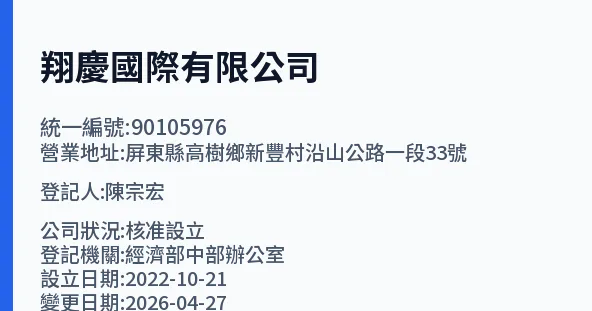 翔慶國際有限公司的照片-統編 90105976(屏東縣) 公司登記資料與營業項目詳細圖表