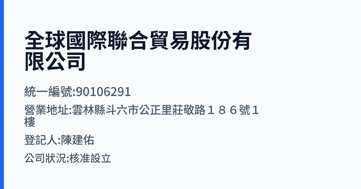 全球國際聯合貿易股份有限公司 - 統編 90106291(雲林縣) 公司登記資料與營業項目詳細圖表