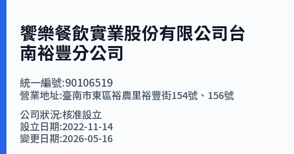 饗樂餐飲實業股份有限公司台南裕豐分公司的照片-統編 90106519(臺南市) 公司登記資料與營業項目詳細圖表