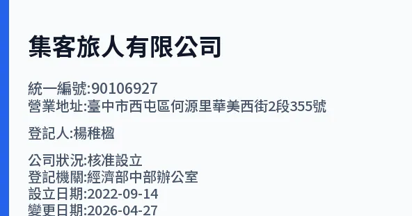 集客旅人有限公司的照片-統編 90106927(臺中市) 公司登記資料與營業項目詳細圖表