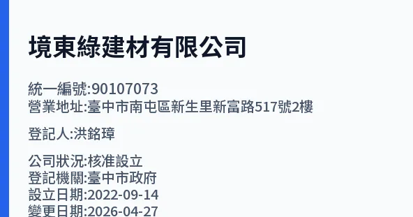 境東綠建材有限公司的照片-統編 90107073(臺中市) 公司登記資料與營業項目詳細圖表