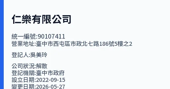 仁樂有限公司的照片-統編 90107411(臺中市) 公司登記資料與營業項目詳細圖表