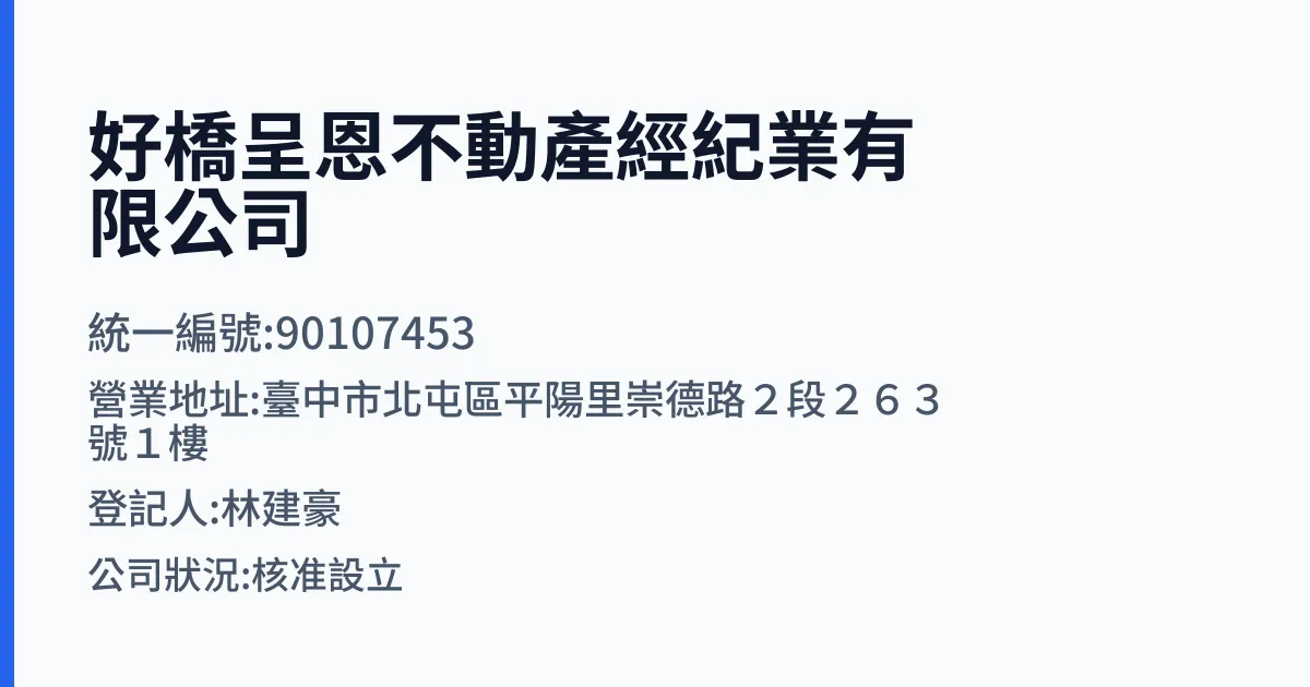 好橋呈恩不動產經紀業有限公司 - 統編 90107453(臺中市) 公司登記資料與營業項目詳細圖表