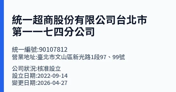 統一超商股份有限公司台北市第一一七四分公司的照片-統編 90107812(臺北市) 公司登記資料與營業項目詳細圖表