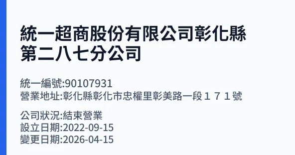 統一超商股份有限公司彰化縣第二八七分公司的照片-統編 90107931(彰化縣) 公司登記資料與營業項目詳細圖表