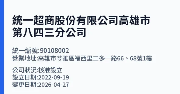 統一超商股份有限公司高雄市第八四三分公司的照片-統編 90108002(高雄市) 公司登記資料與營業項目詳細圖表