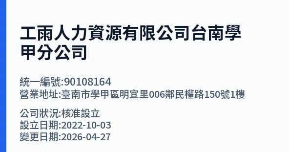 工雨人力資源有限公司台南學甲分公司的照片-統編 90108164(臺南市) 公司登記資料與營業項目詳細圖表