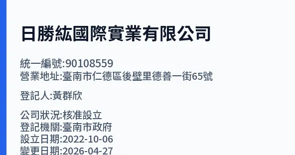 日勝紘國際實業有限公司的照片-統編 90108559(臺南市) 公司登記資料與營業項目詳細圖表