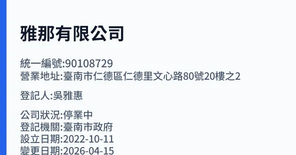 雅那有限公司的照片-統編 90108729(臺南市) 公司登記資料與營業項目詳細圖表