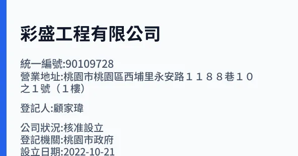 彩盛工程有限公司的照片-統編 90109728(桃園市) 公司登記資料與營業項目詳細圖表