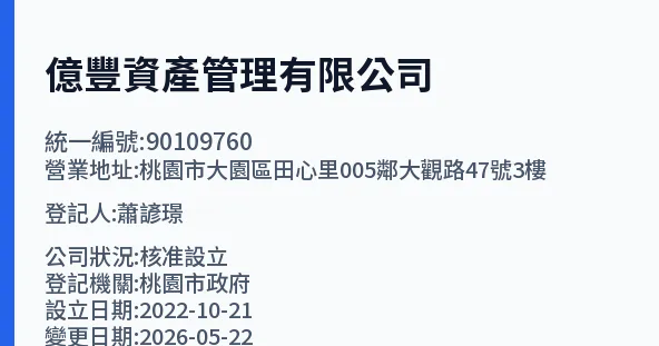 億豐資產管理有限公司的照片-統編 90109760(桃園市) 公司登記資料與營業項目詳細圖表