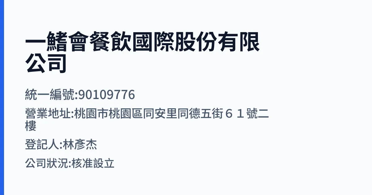 一鰭會餐飲國際股份有限公司 - 統編 90109776(桃園市) 公司登記資料與營業項目詳細圖表