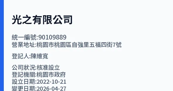 光之有限公司的照片-統編 90109889(桃園市) 公司登記資料與營業項目詳細圖表