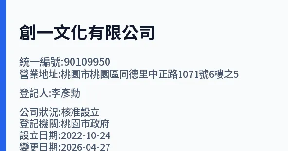 創一文化有限公司的照片-統編 90109950(桃園市) 公司登記資料與營業項目詳細圖表
