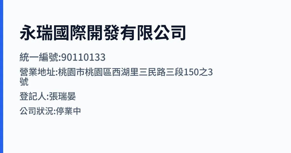 永瑞國際開發有限公司 - 統編 90110133(桃園市) 公司登記資料與營業項目詳細圖表