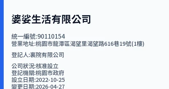 婆娑生活有限公司的照片-統編 90110154(桃園市) 公司登記資料與營業項目詳細圖表