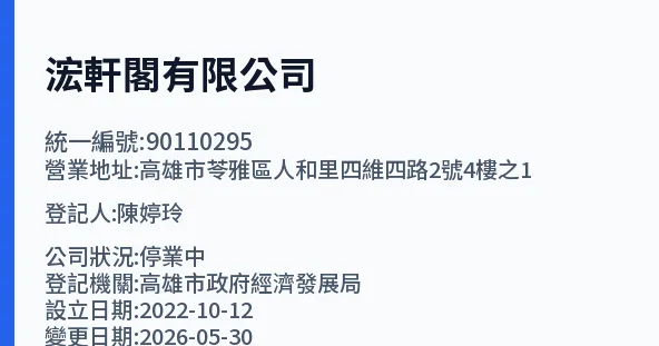 浤軒閣有限公司的照片-統編 90110295(高雄市) 公司登記資料與營業項目詳細圖表
