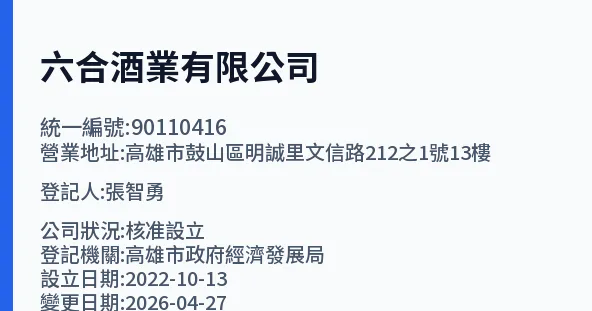 六合酒業有限公司的照片-統編 90110416(高雄市) 公司登記資料與營業項目詳細圖表