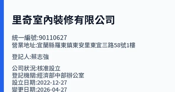 里奇室內裝修有限公司的照片-統編 90110627(宜蘭縣) 公司登記資料與營業項目詳細圖表