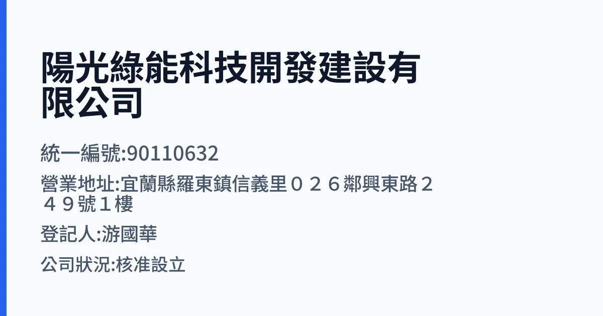 陽光綠能科技開發建設有限公司 - 統編 90110632(宜蘭縣) 公司登記資料與營業項目詳細圖表