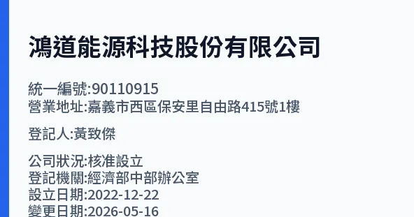 鴻道能源科技股份有限公司的照片-統編 90110915(嘉義市) 公司登記資料與營業項目詳細圖表