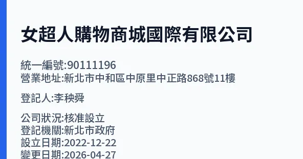 女超人購物商城國際有限公司的照片-統編 90111196(新北市) 公司登記資料與營業項目詳細圖表
