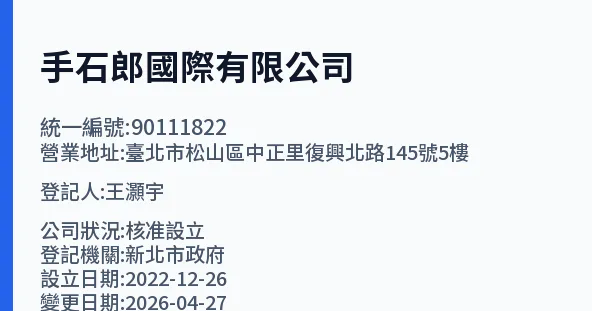 手石郎國際有限公司的照片-統編 90111822(臺北市) 公司登記資料與營業項目詳細圖表