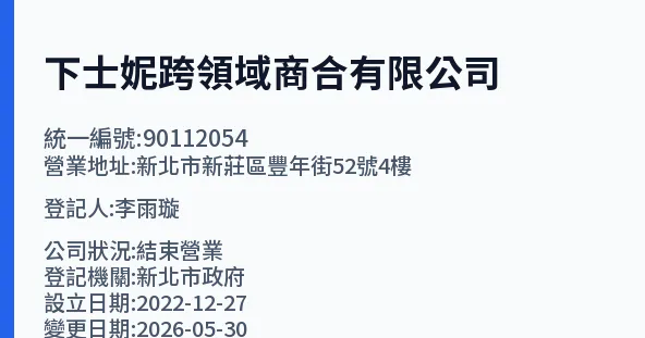 下士妮跨領域商合有限公司的照片-統編 90112054(新北市) 公司登記資料與營業項目詳細圖表