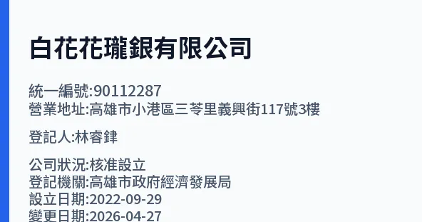 白花花瓏銀有限公司的照片-統編 90112287(高雄市) 公司登記資料與營業項目詳細圖表