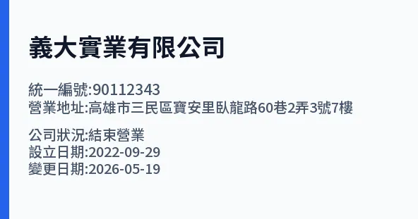 義大實業有限公司的照片-統編 90112343(高雄市) 公司登記資料與營業項目詳細圖表