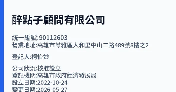 醉點子顧問有限公司的照片-統編 90112603(高雄市) 公司登記資料與營業項目詳細圖表