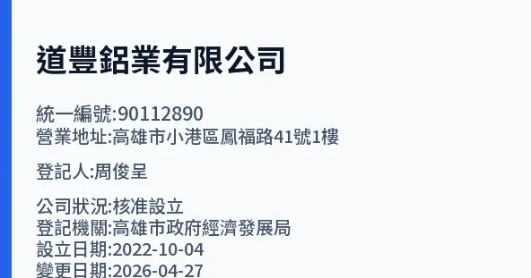 道豐鋁業有限公司的照片-統編 90112890(高雄市) 公司登記資料與營業項目詳細圖表