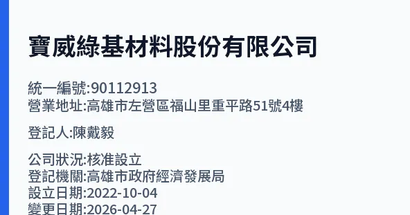 寶威綠基材料股份有限公司的照片-統編 90112913(高雄市) 公司登記資料與營業項目詳細圖表