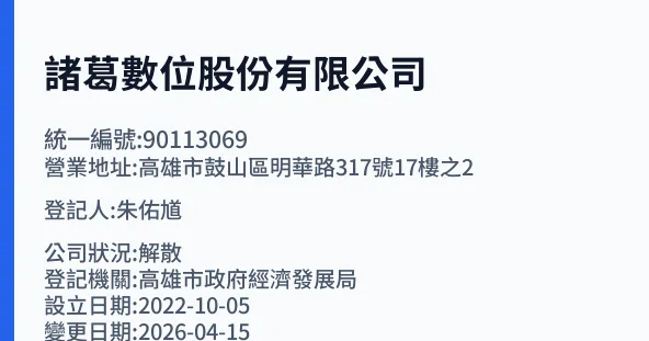 諸葛數位股份有限公司的照片-統編 90113069(高雄市) 公司登記資料與營業項目詳細圖表