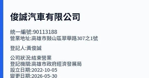 俊誠汽車有限公司的照片-統編 90113188(高雄市) 公司登記資料與營業項目詳細圖表