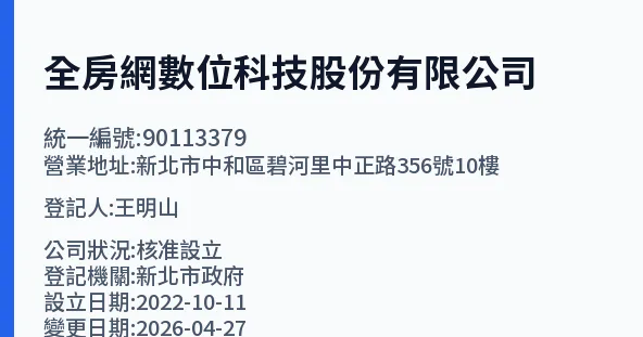 全房網數位科技股份有限公司的照片-統編 90113379(新北市) 公司登記資料與營業項目詳細圖表