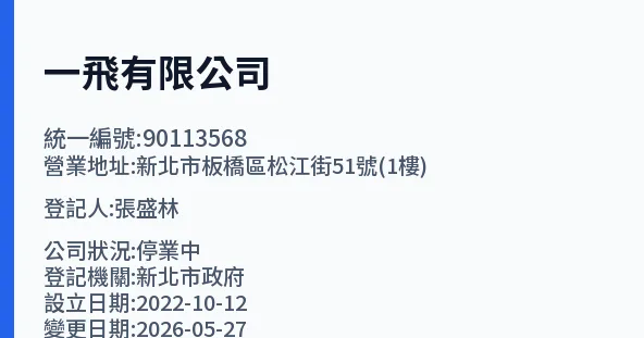 一飛有限公司的照片-統編 90113568(新北市) 公司登記資料與營業項目詳細圖表