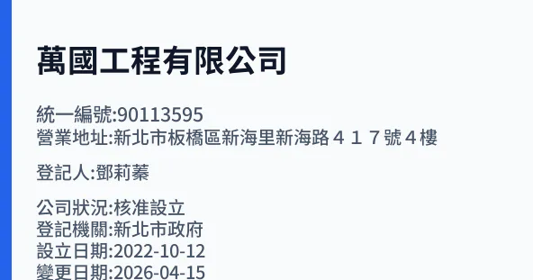 萬國工程有限公司的照片-統編 90113595(新北市) 公司登記資料與營業項目詳細圖表