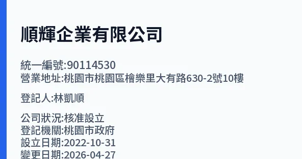 順輝企業有限公司的照片-統編 90114530(桃園市) 公司登記資料與營業項目詳細圖表
