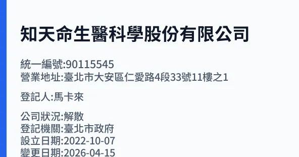 知天命生醫科學股份有限公司的照片-統編 90115545(臺北市) 公司登記資料與營業項目詳細圖表