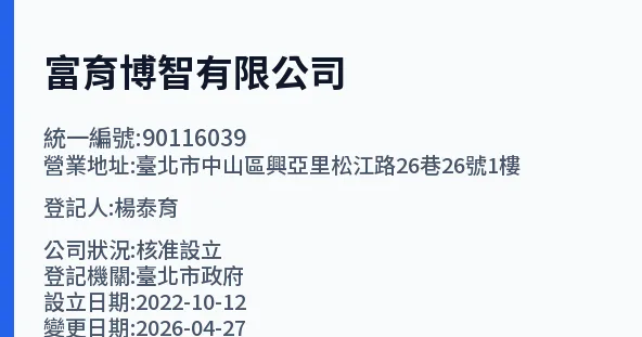 富育博智有限公司的照片-統編 90116039(臺北市) 公司登記資料與營業項目詳細圖表