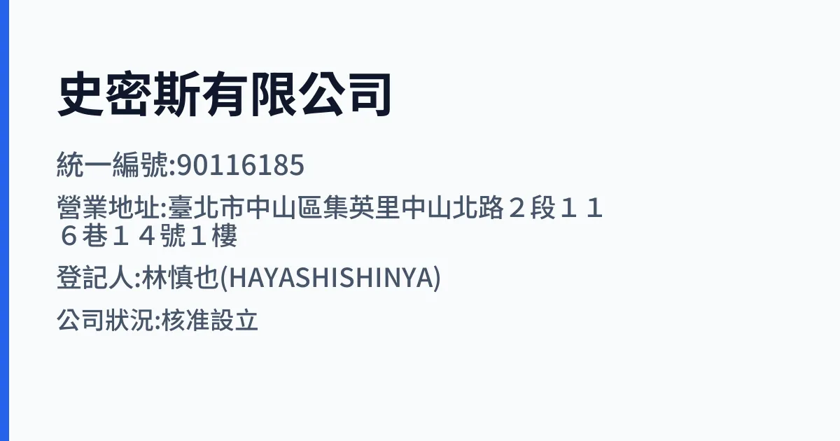 史密斯有限公司 - 統編 90116185(臺北市) 公司登記資料與營業項目詳細圖表