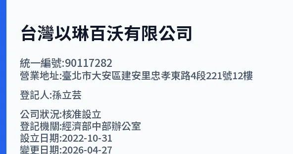 台灣以琳百沃有限公司的照片-統編 90117282(臺北市) 公司登記資料與營業項目詳細圖表