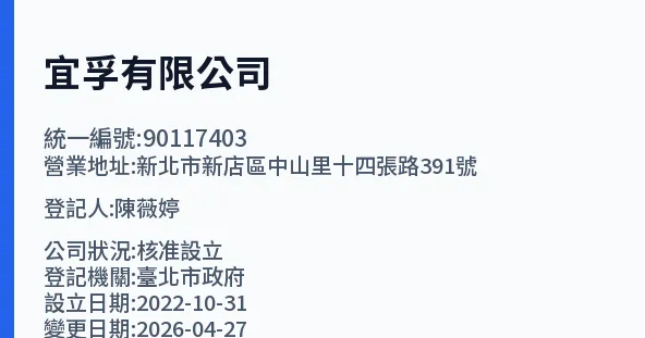 宜孚有限公司的照片-統編 90117403(新北市) 公司登記資料與營業項目詳細圖表