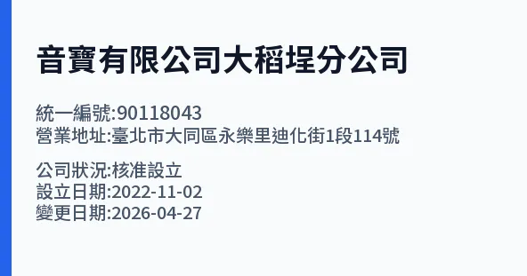 音寶有限公司大稻埕分公司的照片-統編 90118043(臺北市) 公司登記資料與營業項目詳細圖表