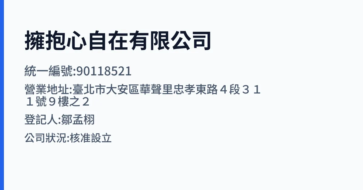 擁抱心自在有限公司 - 統編 90118521(臺北市) 公司登記資料與營業項目詳細圖表