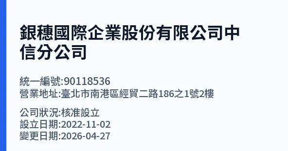 銀穗國際企業股份有限公司中信分公司的照片-統編 90118536(臺北市) 公司登記資料與營業項目詳細圖表